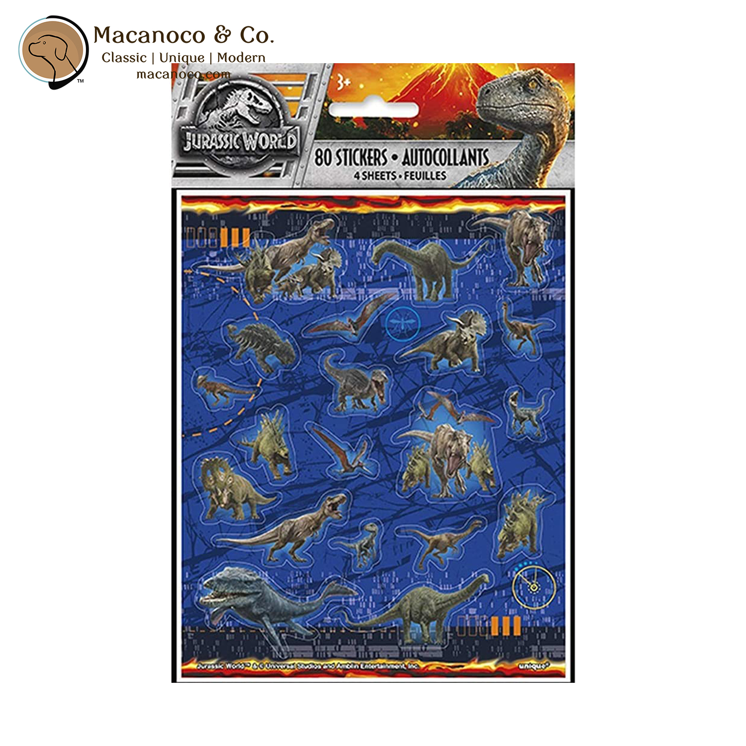 Jurassic World Party Stickers, 4-Sheets - Macanoco and Co.