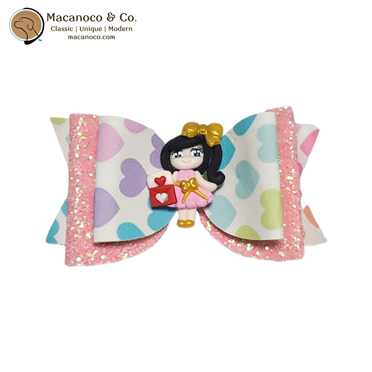 Macanoco and Co. Leather Bow Hair Clip - Girl with Letter Heart/Pink ...