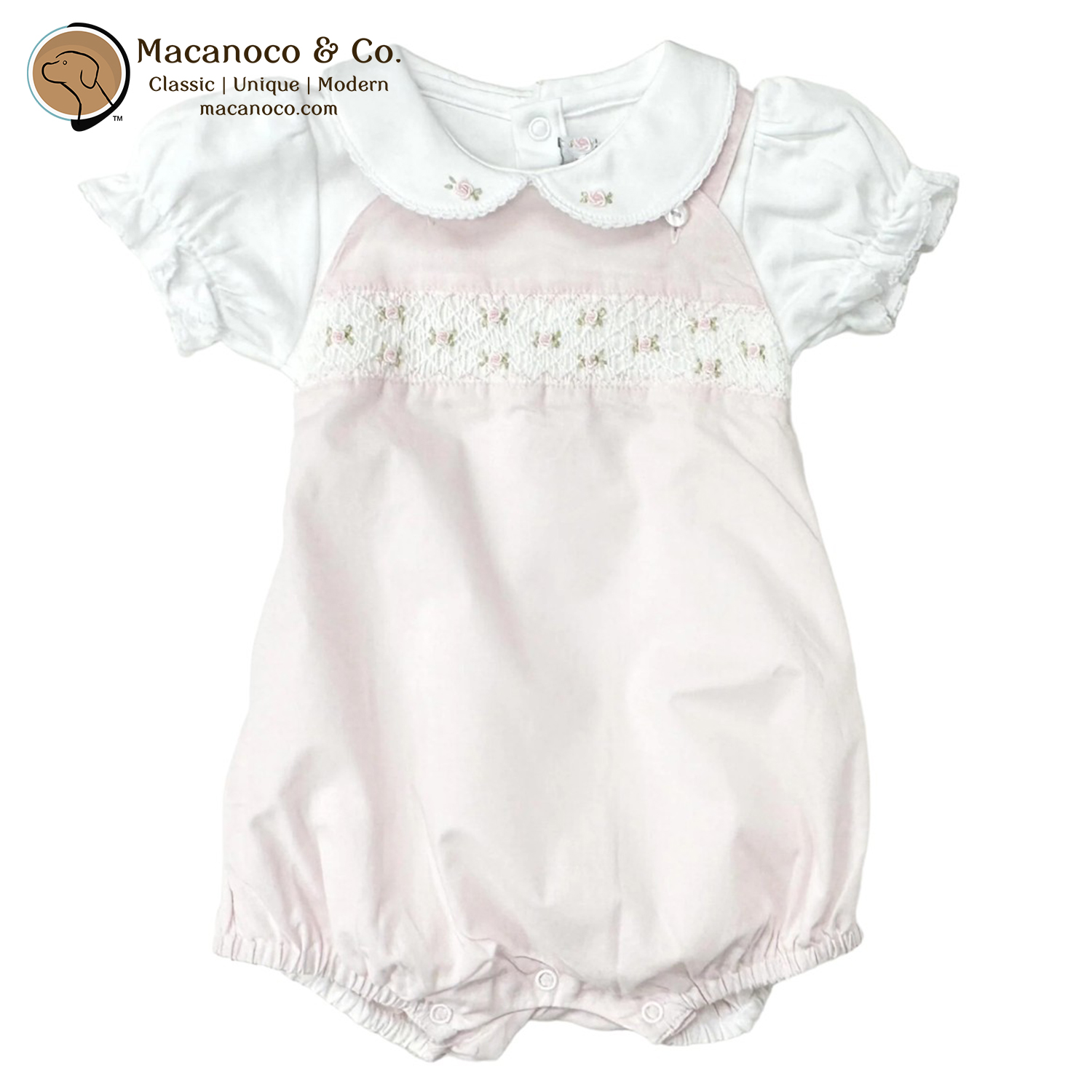 Macanoco and Co. OB Smocked Overall & Bodysuit – Pink/White - Macanoco ...